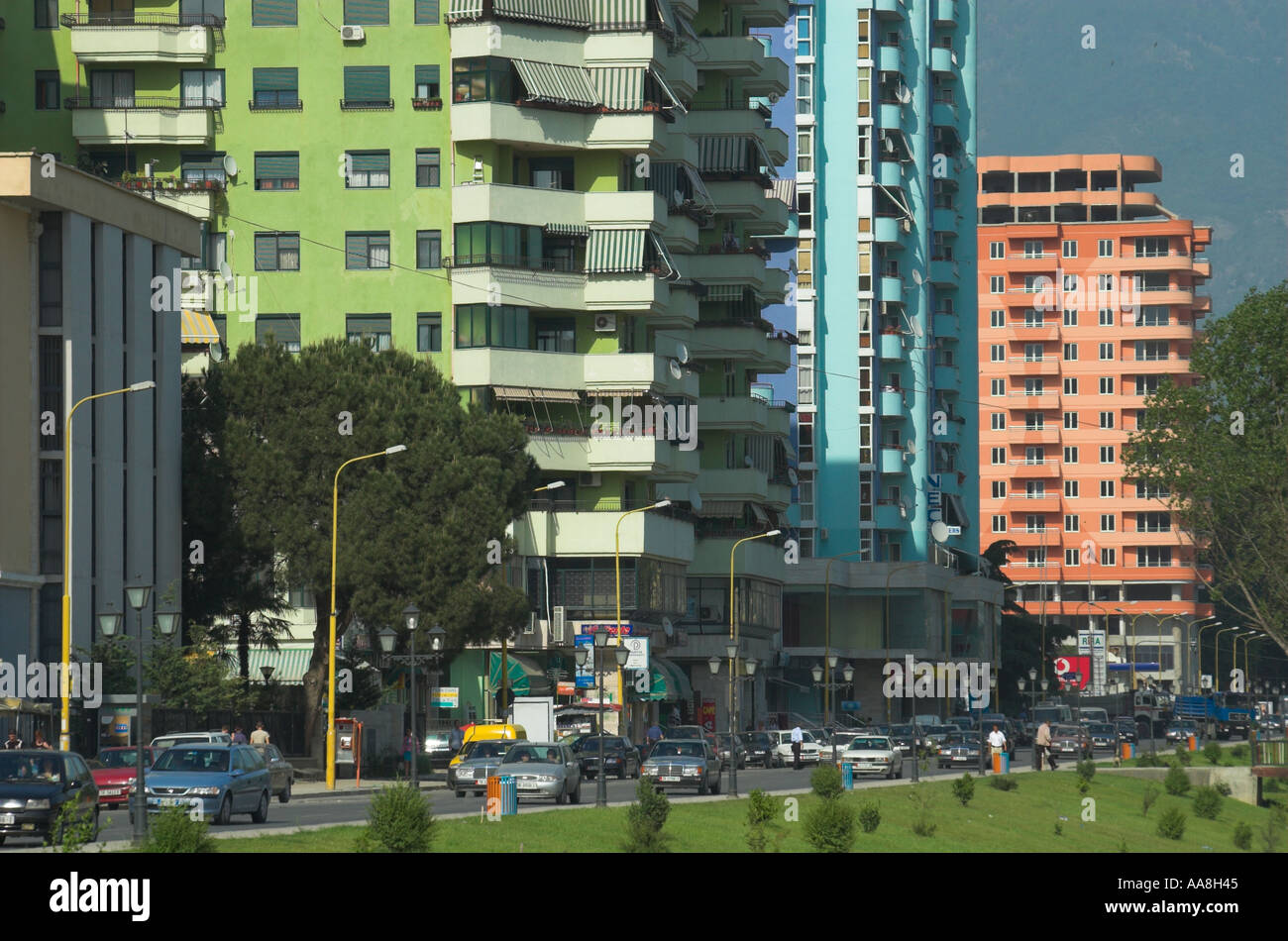 Albania Tirana Downtown Zhan D ark boulevard row of repainted housing ...