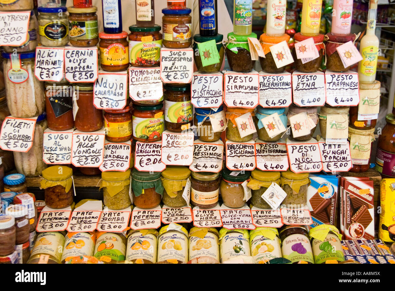 Stall in Ballarò Street Market selling typical food and sauces of the ...