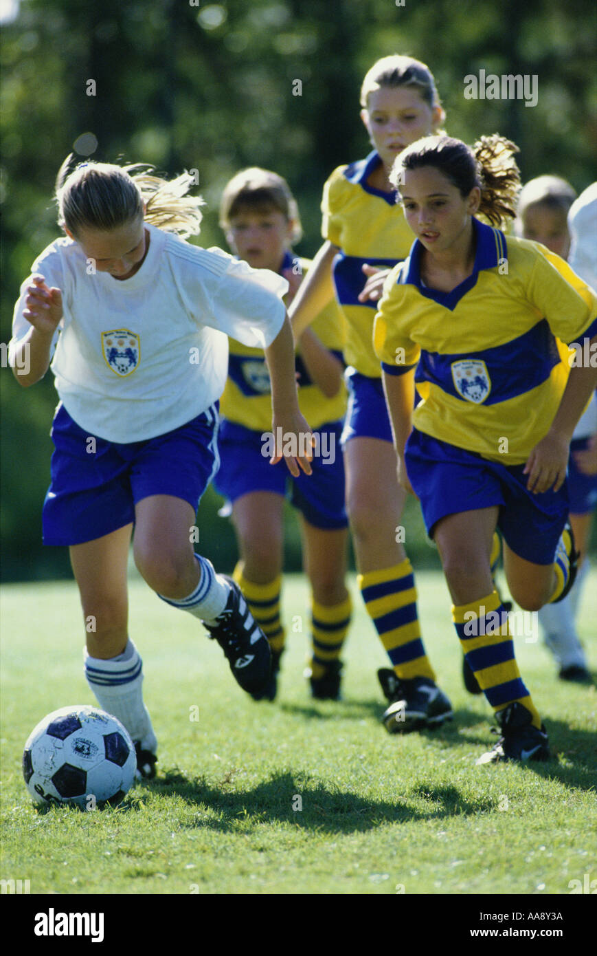 Group of girls playing soccer Stock Photo - Alamy