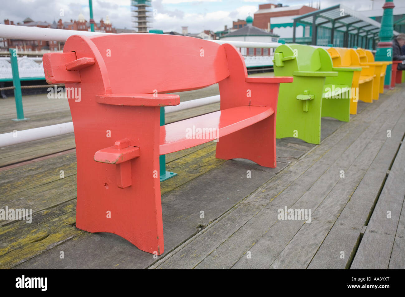 Colourful benches North pier Blackpool Lancashire England Europe Stock Photo - Alamy
