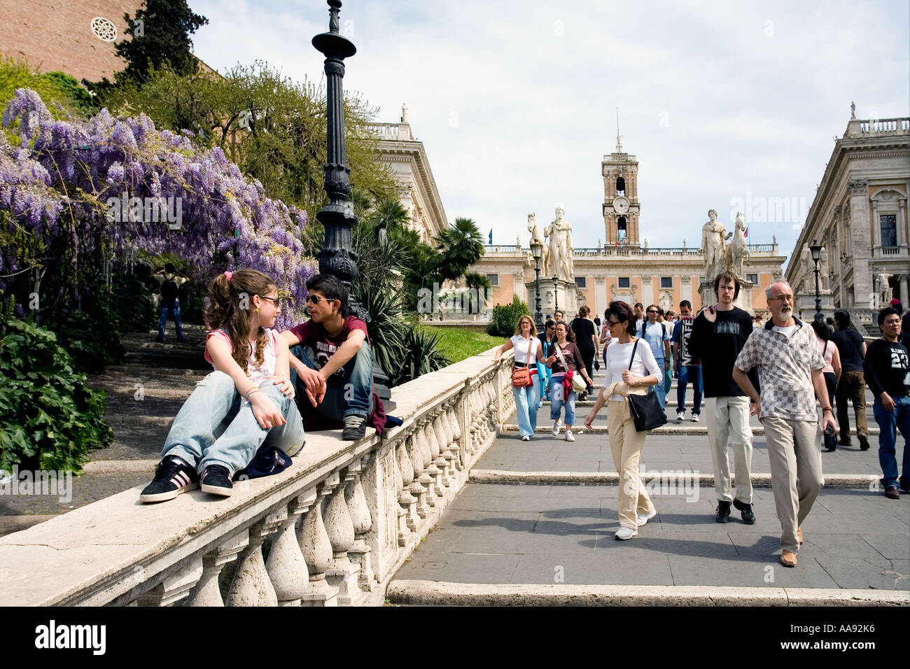 Rome tourism tourists on the Cordonata stairs staircase leading to the ...