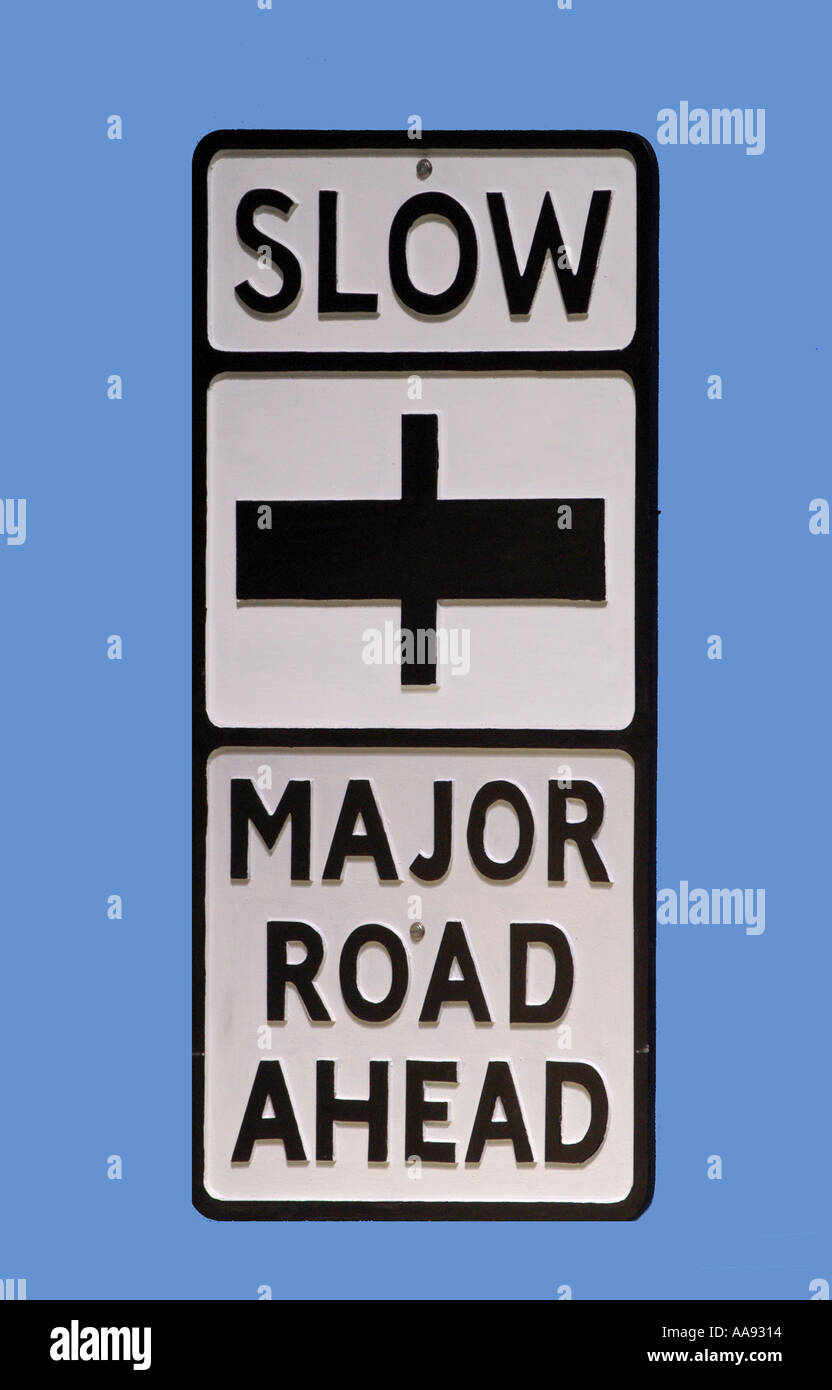 Vintage UK traffic sign for slow major road ahead Stock Photo - Alamy