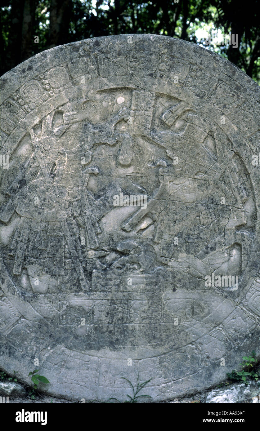 A carved Mayan burial stone from the archaeological site of Tikal in ...