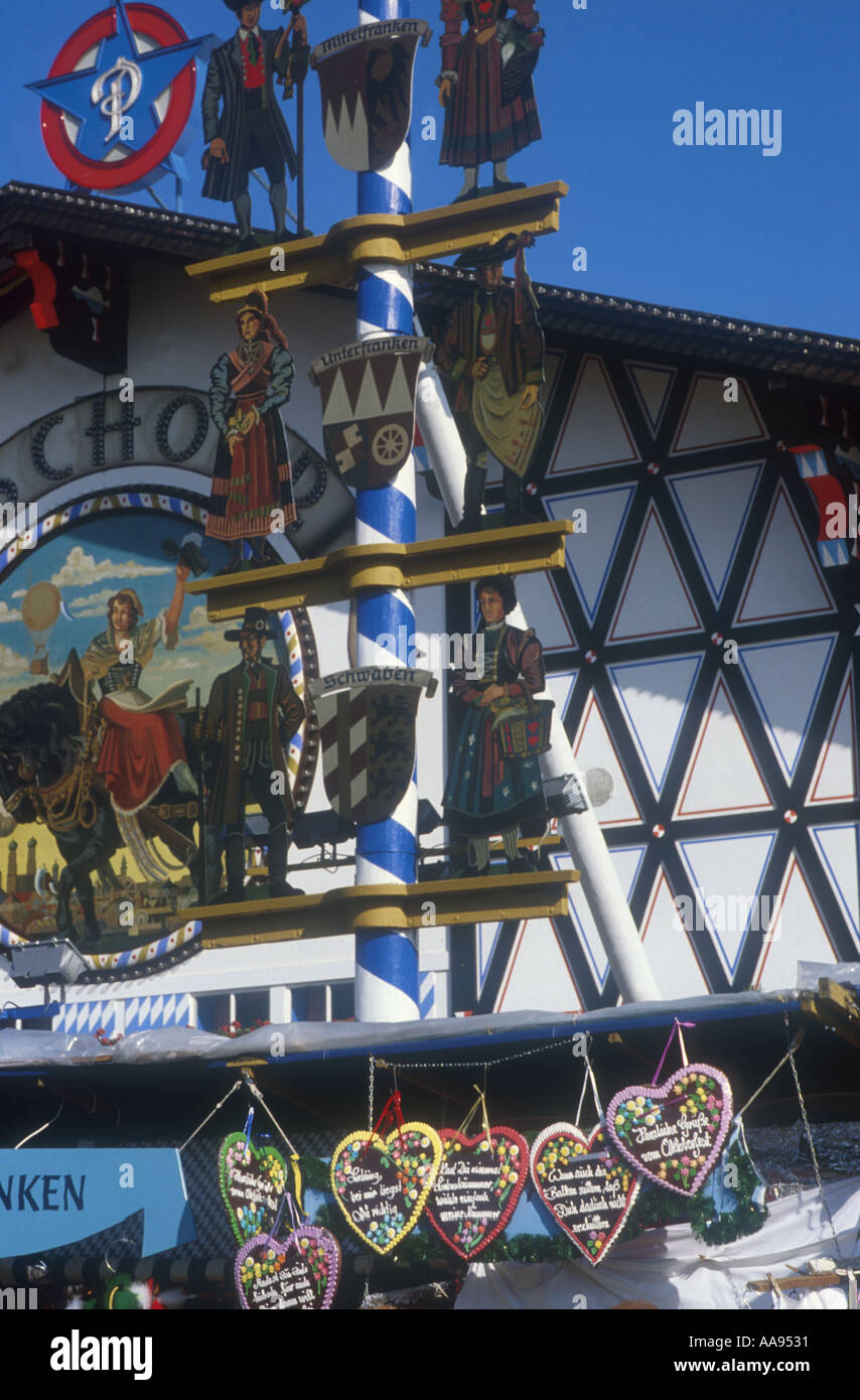 figures of a may tree Maibaum before a ber tent on the Oktoberfest ...