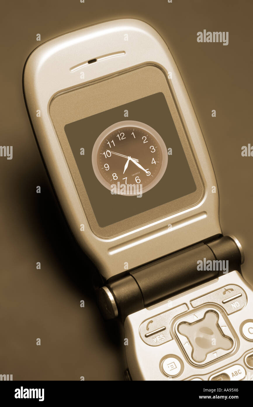 Mobile Phone with Clock on Screen Stock Photo - Alamy