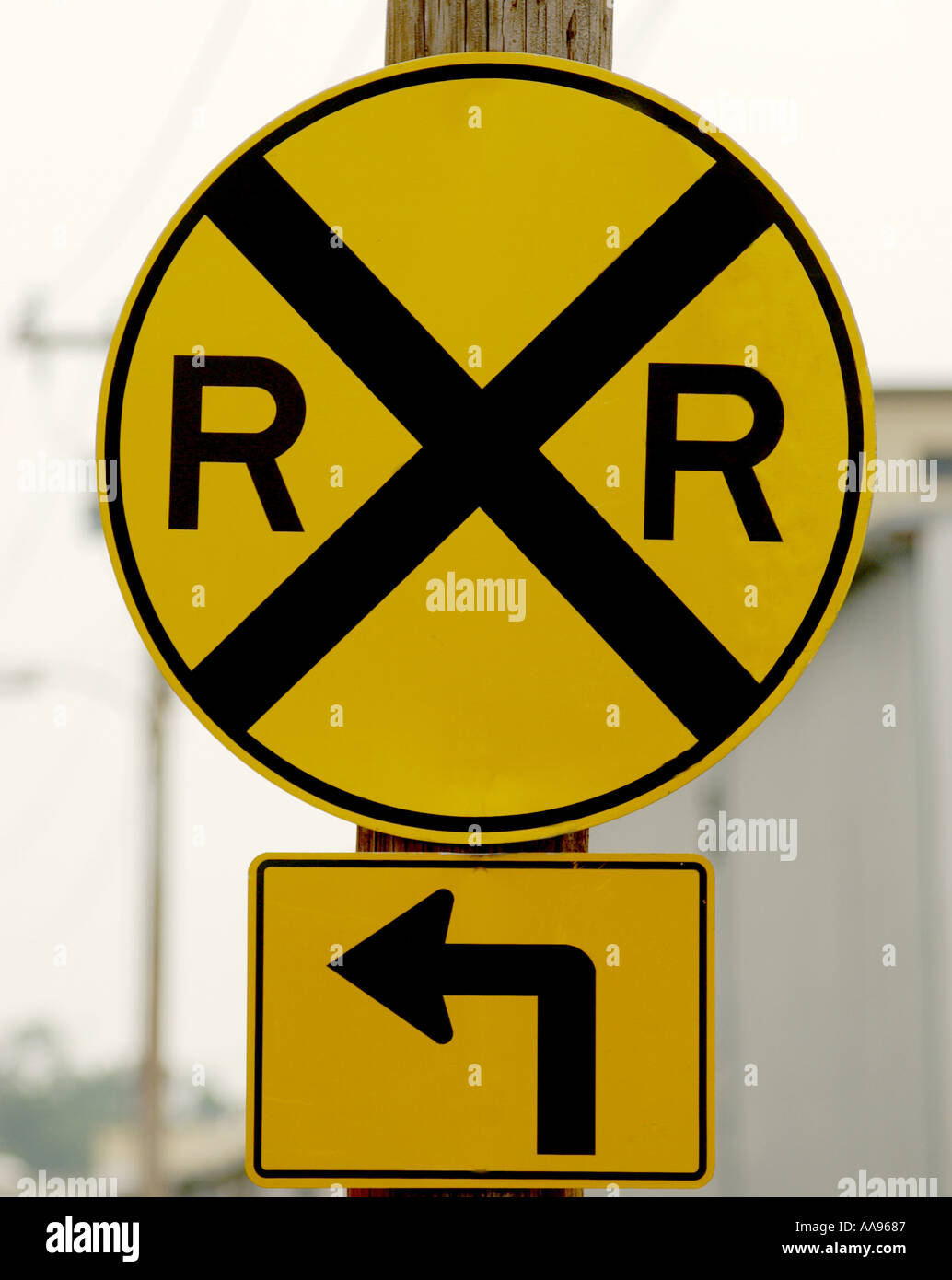 Vertical color image of a railroad crossing sign along a public road or ...