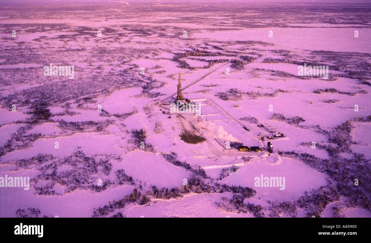 Arial view of a crude oil drilling rig in Western Siberia near Surgut ...