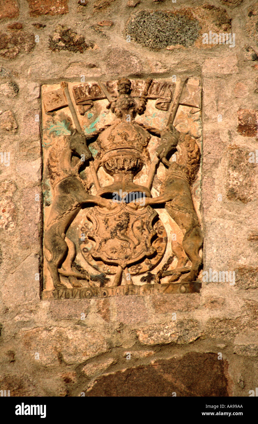 Coat of arms emblem on the walls of Castle Fraser in the Grampian ...