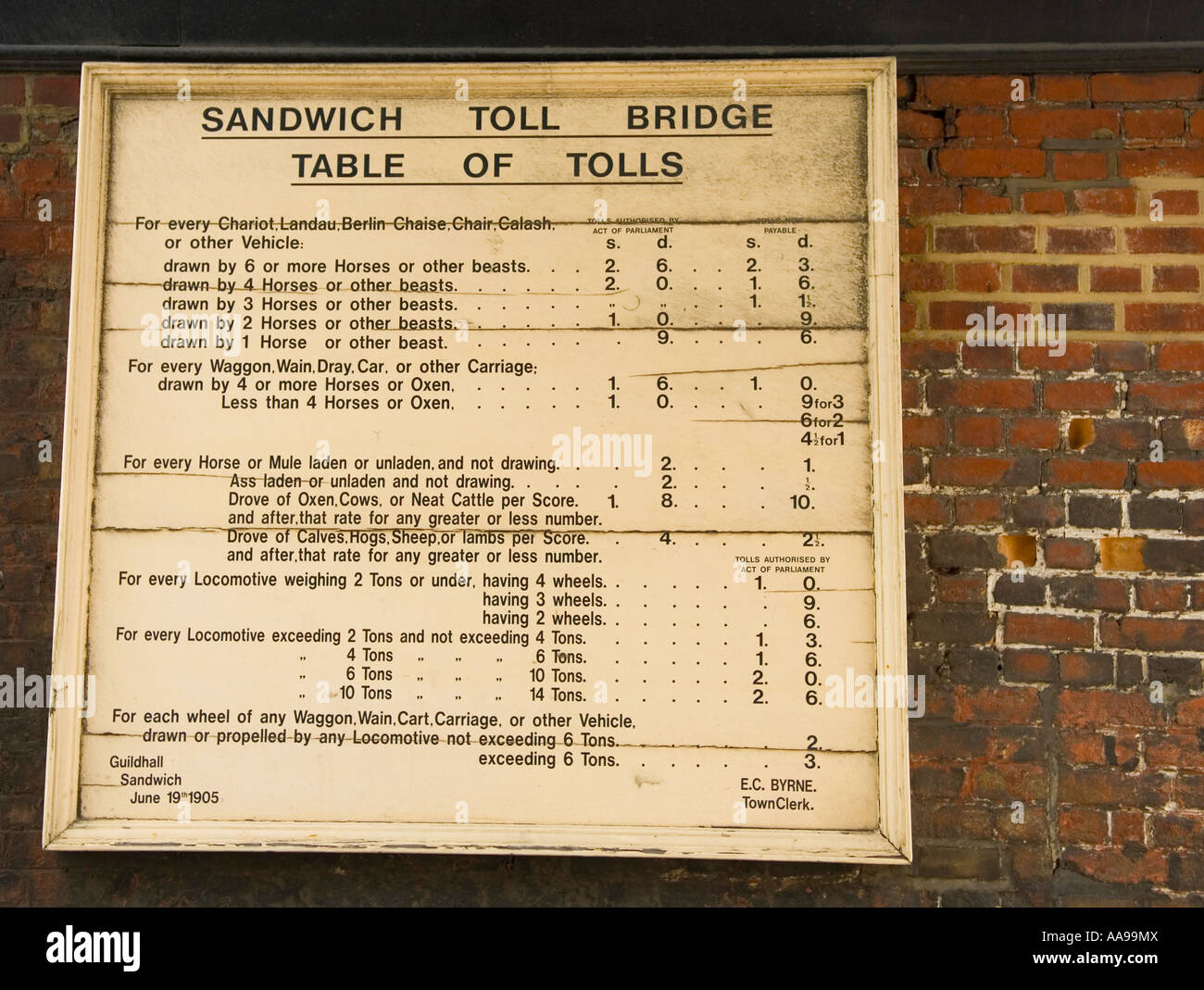 Original toll price plaque on the Barbican, near the old toll bridge ...