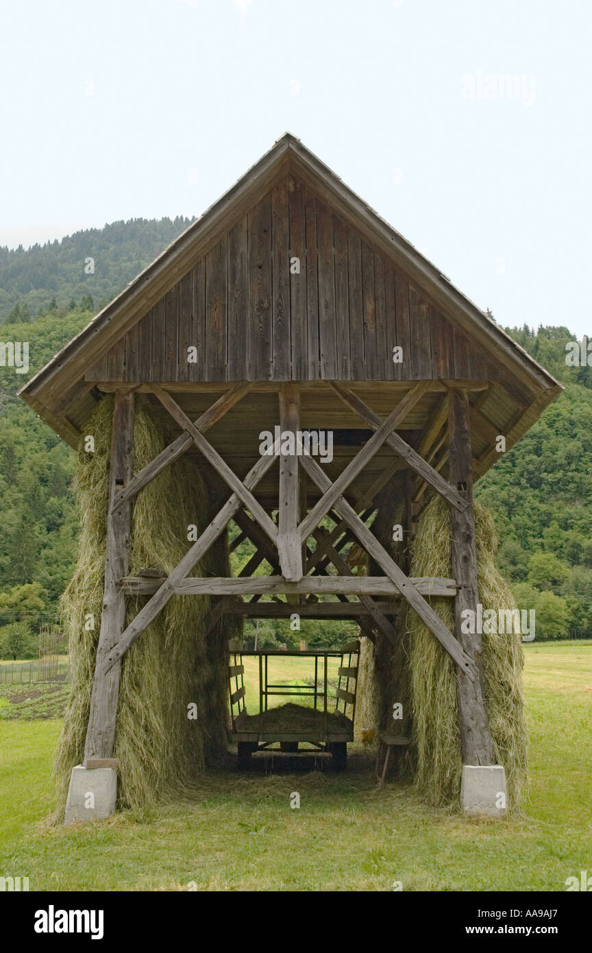 Slovenia Studor small farm village near Bled double hayrack called a ...