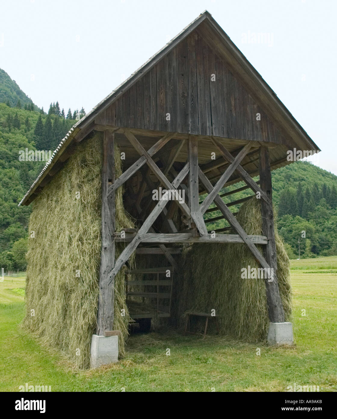 Slovenia Studor small farm village near Bled double hayrack called a ...