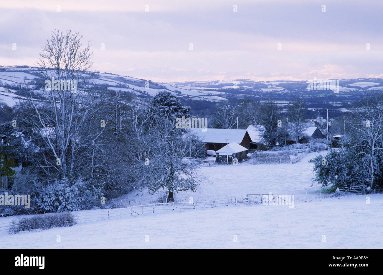 Snowy winter scene on hill above Bickleigh Village, Devon, England, UK ...