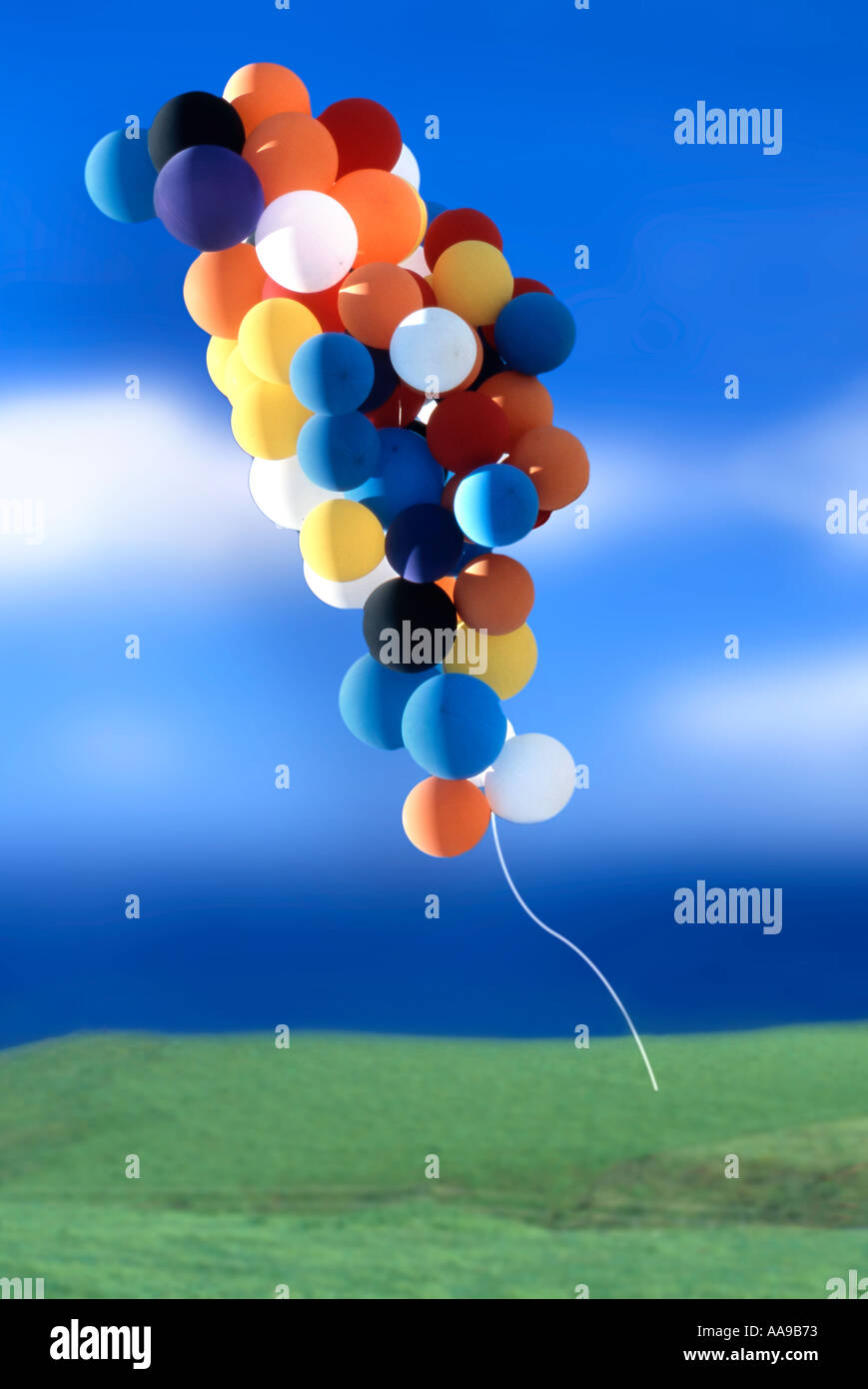 Group of colorful birthday balloons floating in blue sky Stock Photo ...