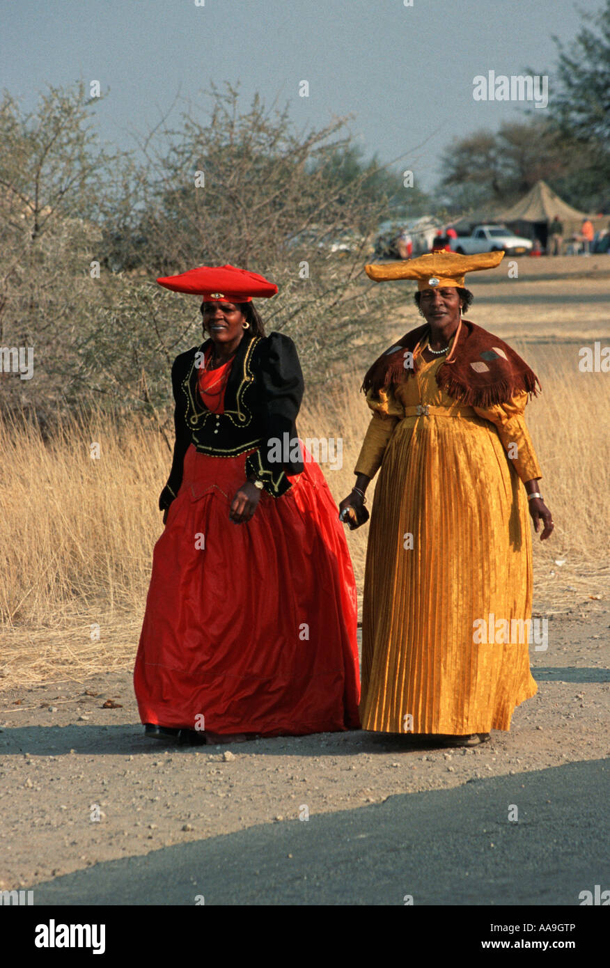 Two Herero women wearing traditional dress in at the Ma Herero Day ...