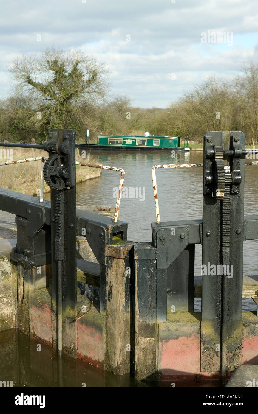 Lock gates and narrowboat on the Shropshire Union Canal, Cheshire ...