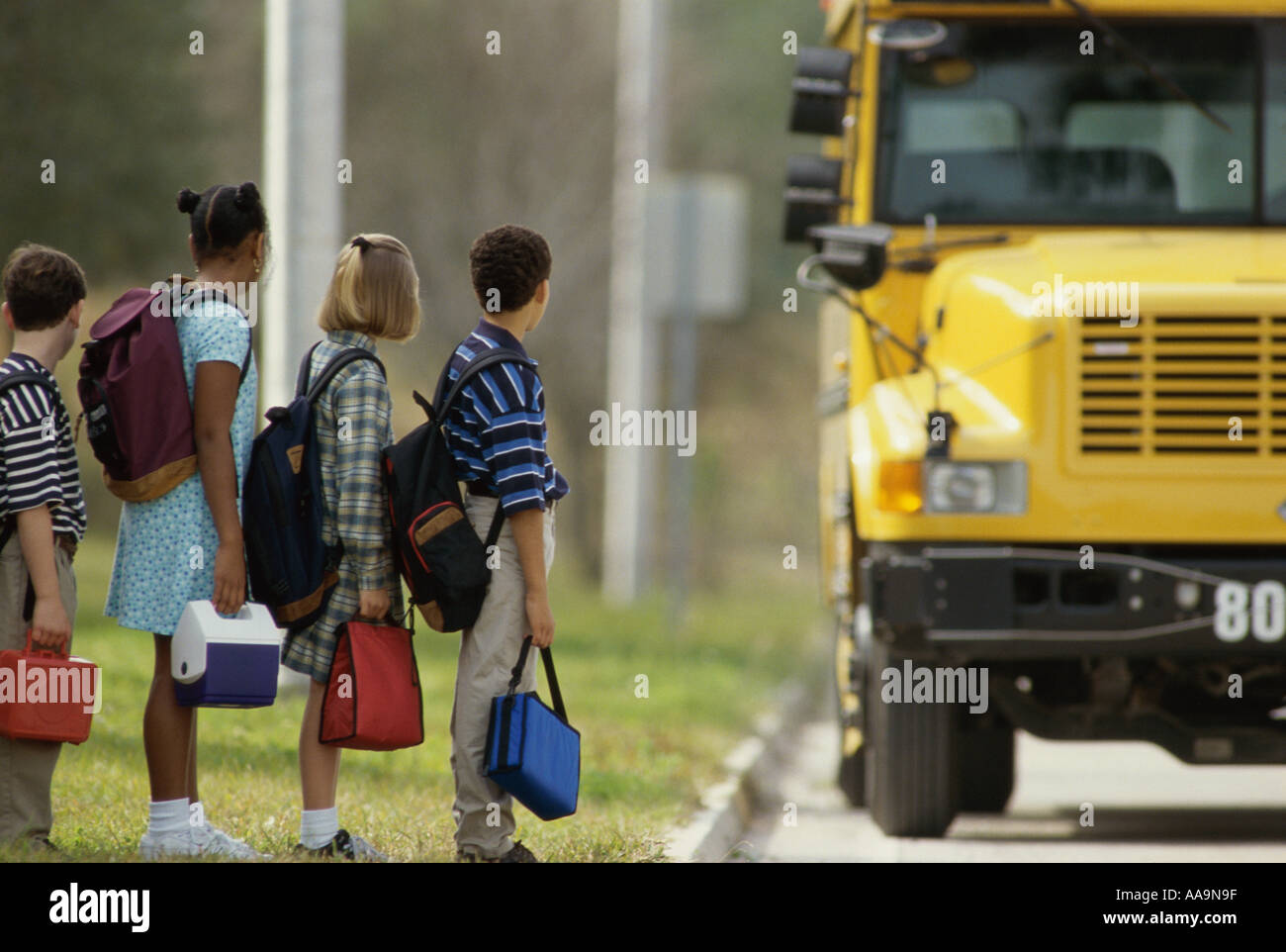 School children standing in line outside the school bus Stock Photo - Alamy