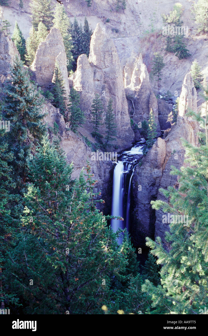 Waterfall and column rocks in Yellowstone nationalpark USA Stock Photo ...