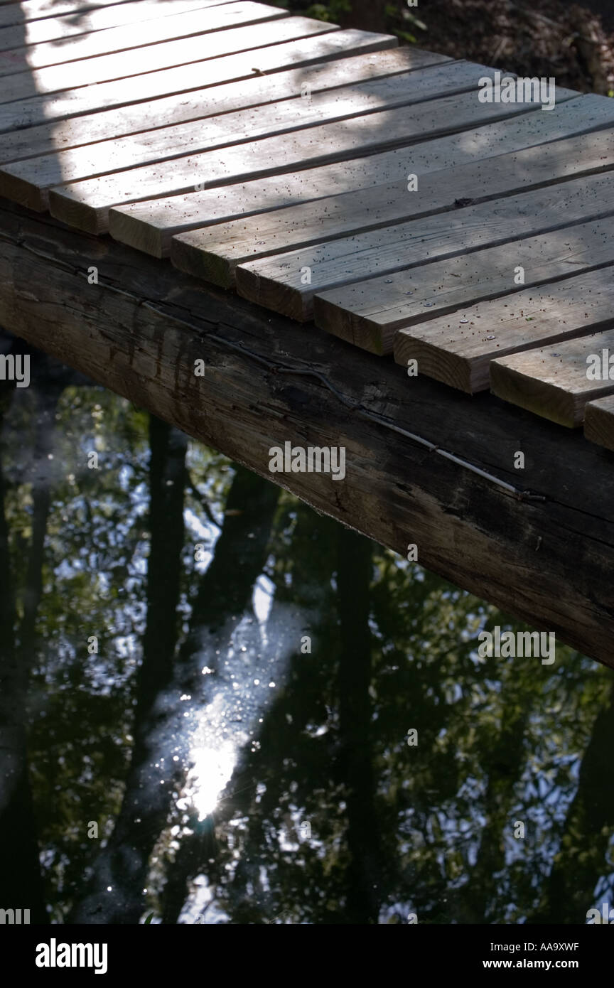 Wooden walking bridge across river Stock Photo - Alamy