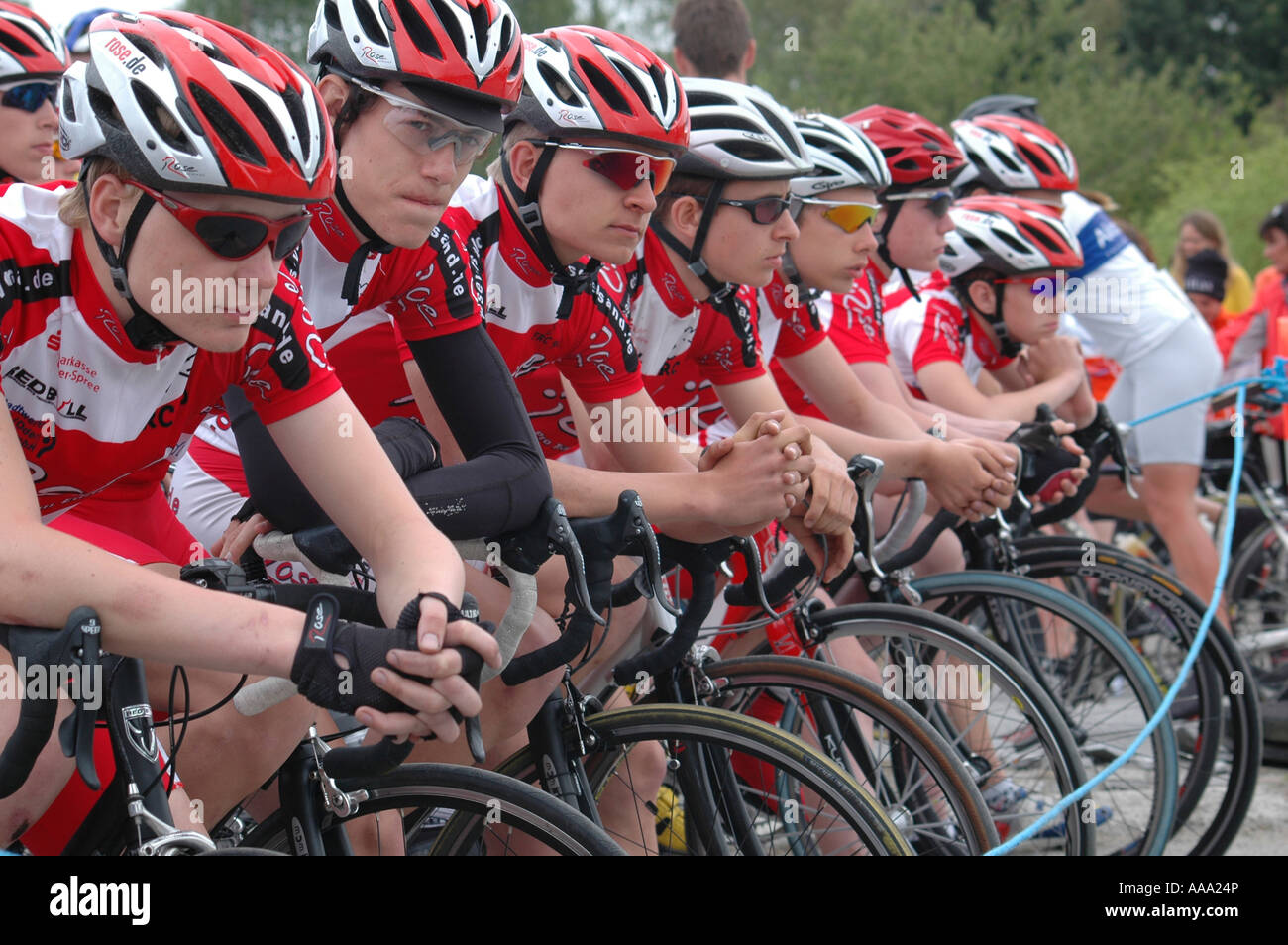 Racing cyclists waiting for start Stock Photo - Alamy