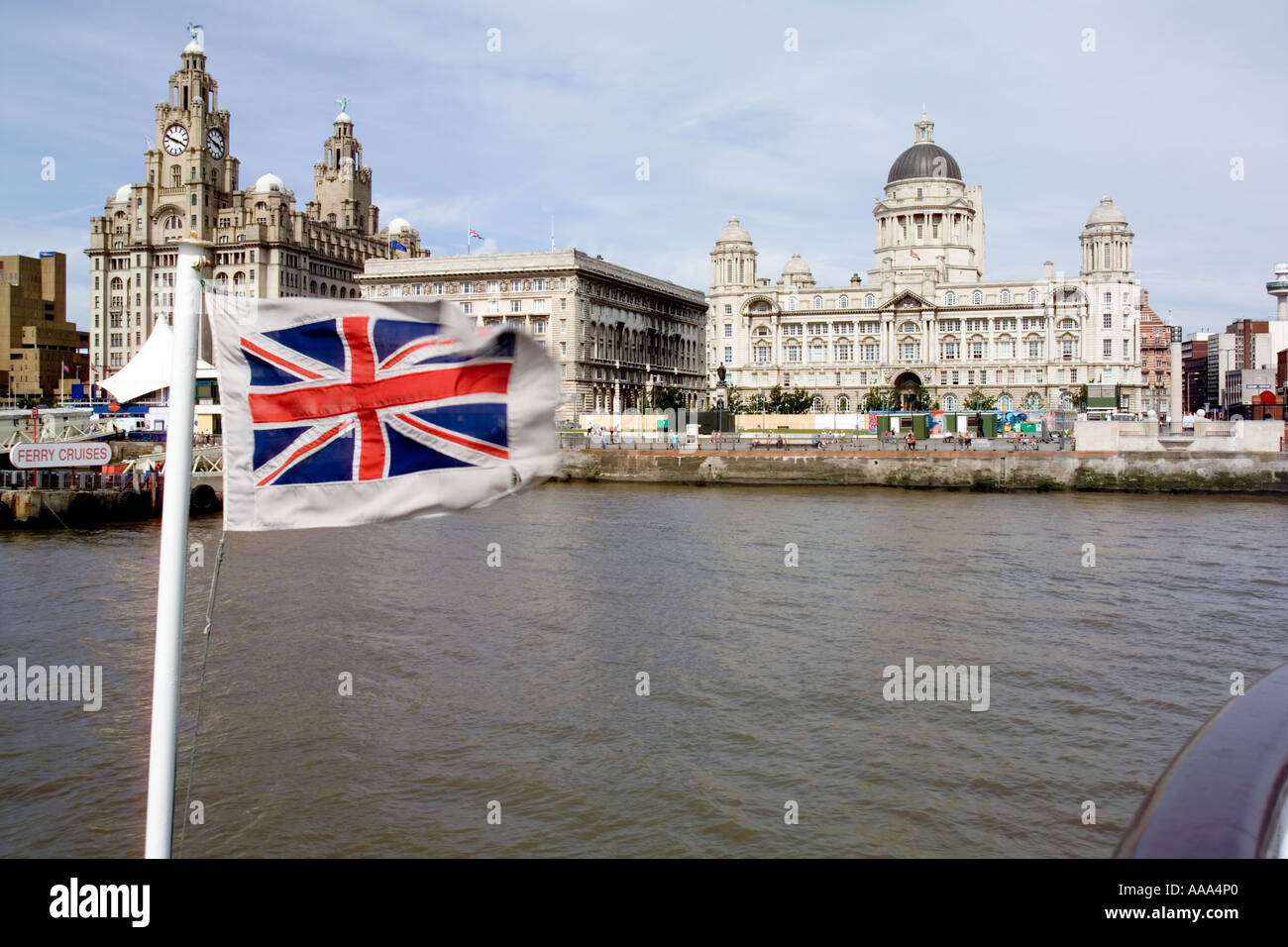 Union Flag on the Bow of the ferry cross the Mersey,coming in to dock ...