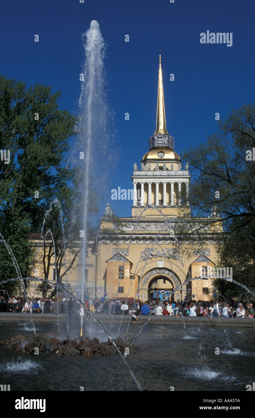 Russia St Petersburg fountain and the golden spire of the Admiralty ...
