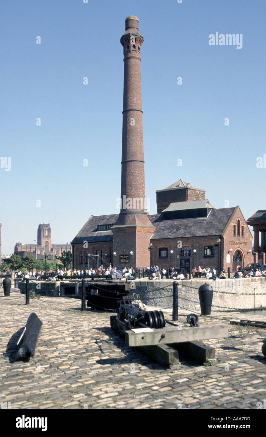 Liverpool part of Albert Dock waterside bar and old chimney shaft ...