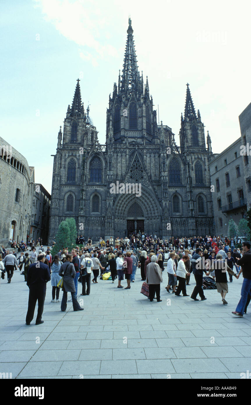 People dancing the Sardana the Catalonian national dance in the plaza ...