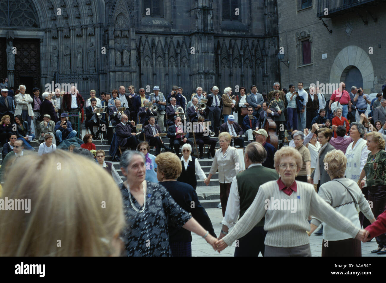 People dancing the Sardana the Catalonian national dance in the plaza ...