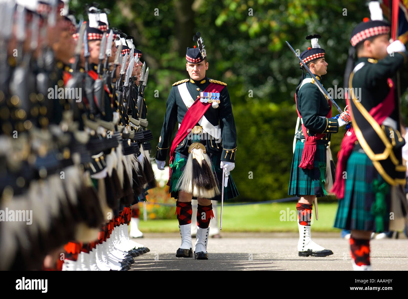 Scottish troops standing in line at inspection during ceremony Stock ...