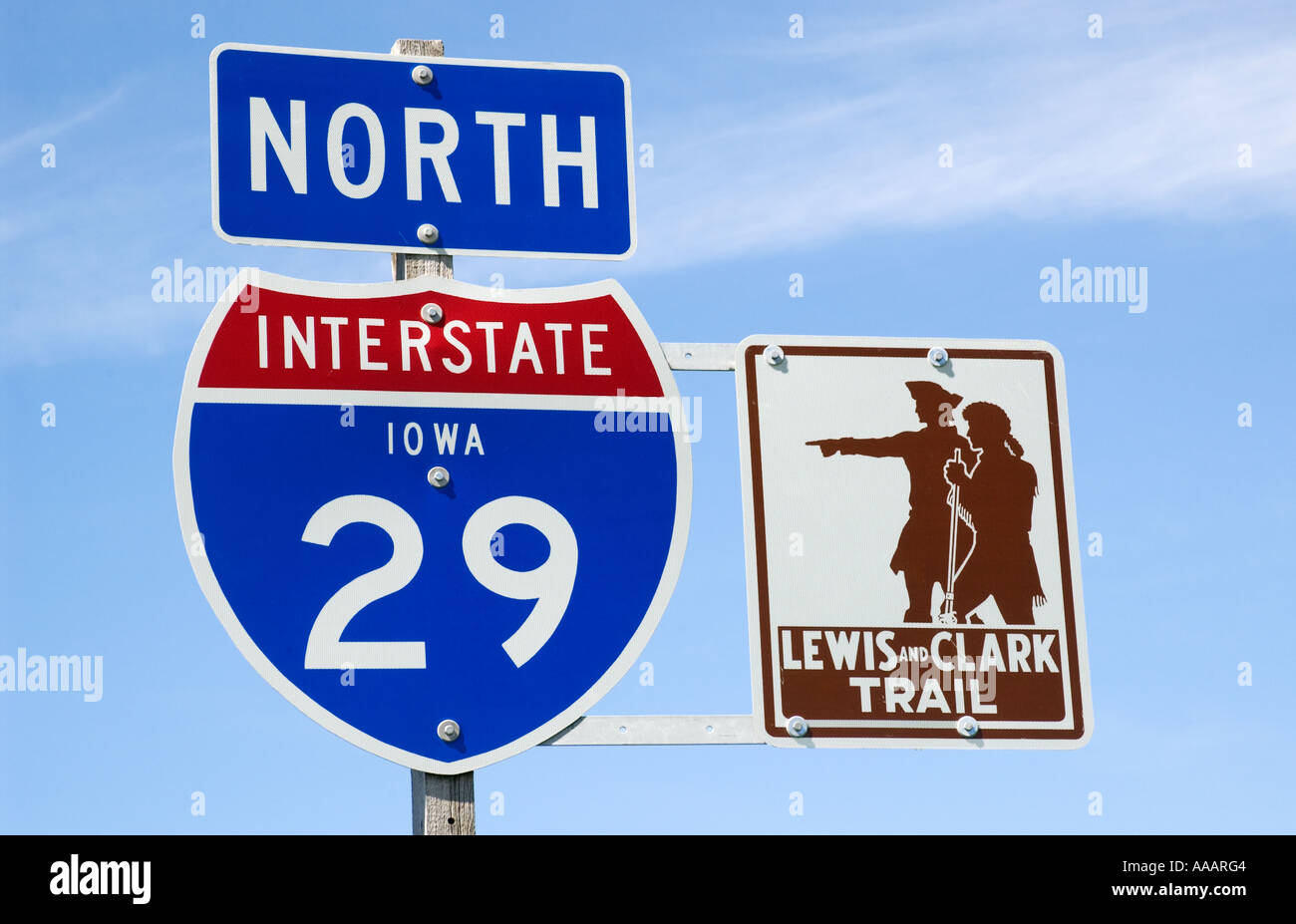 Lewis and Clark Trail marker on North Interstate 29, Iowa, USA Stock ...