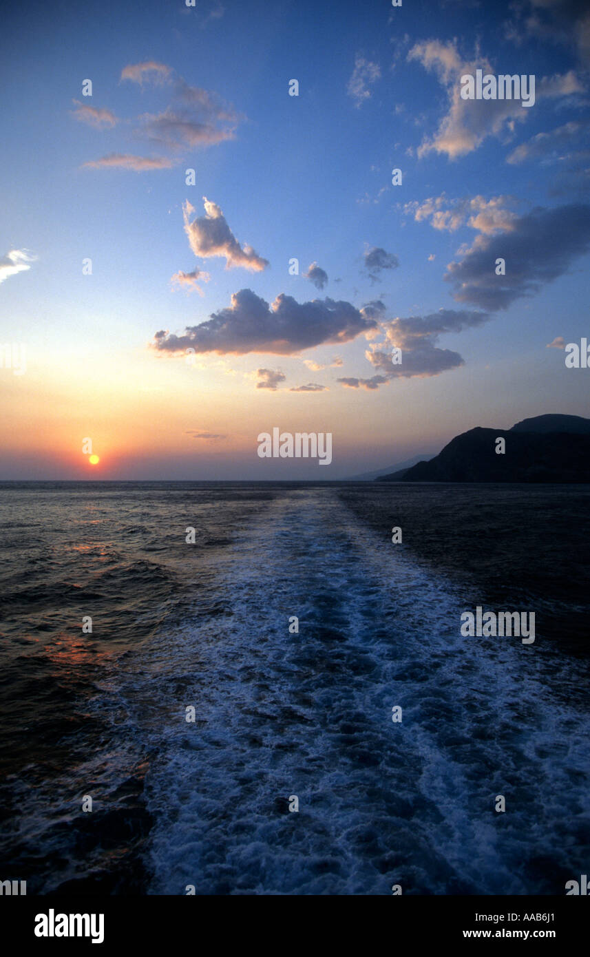 GREECE NORTHERN CYCLADES ANDROS ISLAND SUNSET FROM A GREEK FERRY BOAT ...