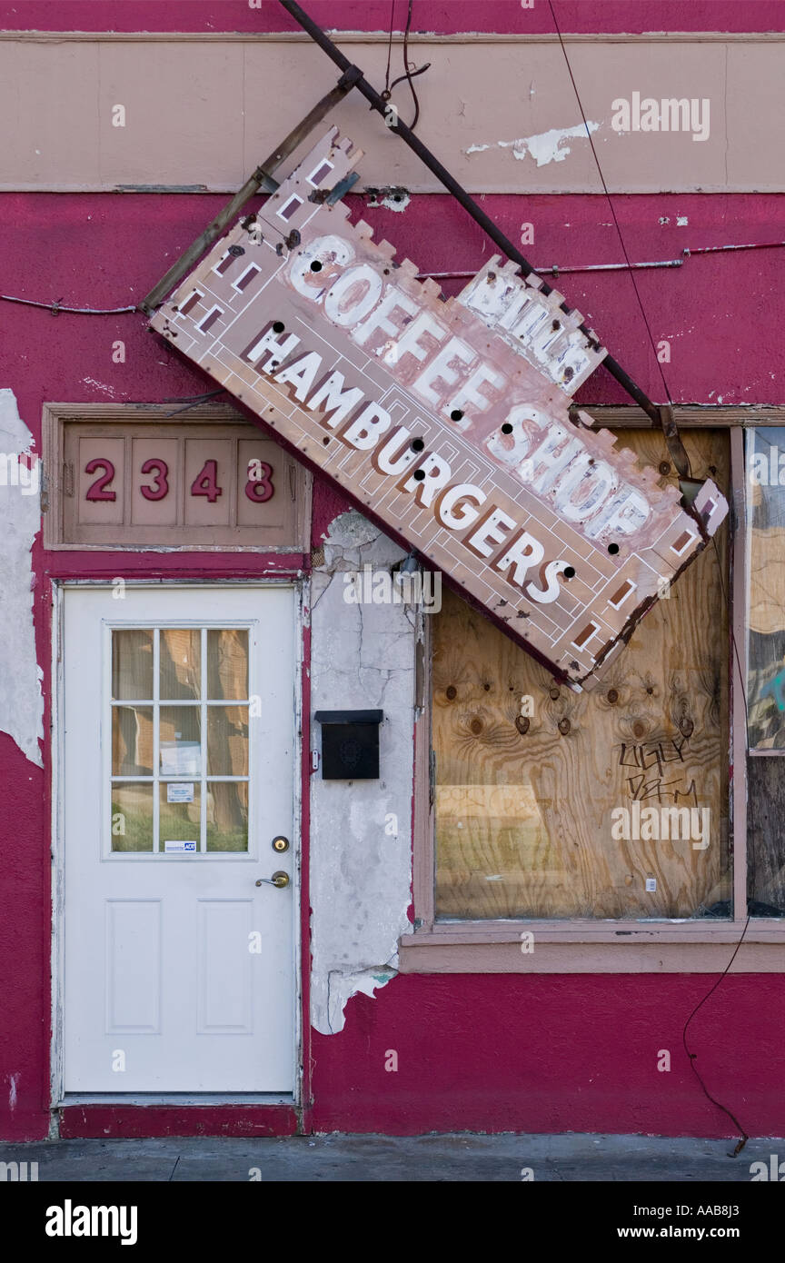 Damaged coffee and hamburger shop sign Bywater neighborhood of New ...