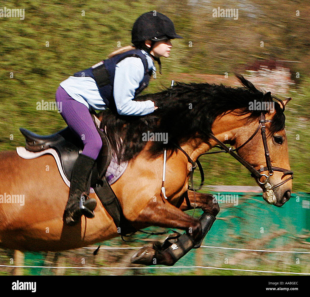 Young girl jumping pony over wooden jump Stock Photo - Alamy