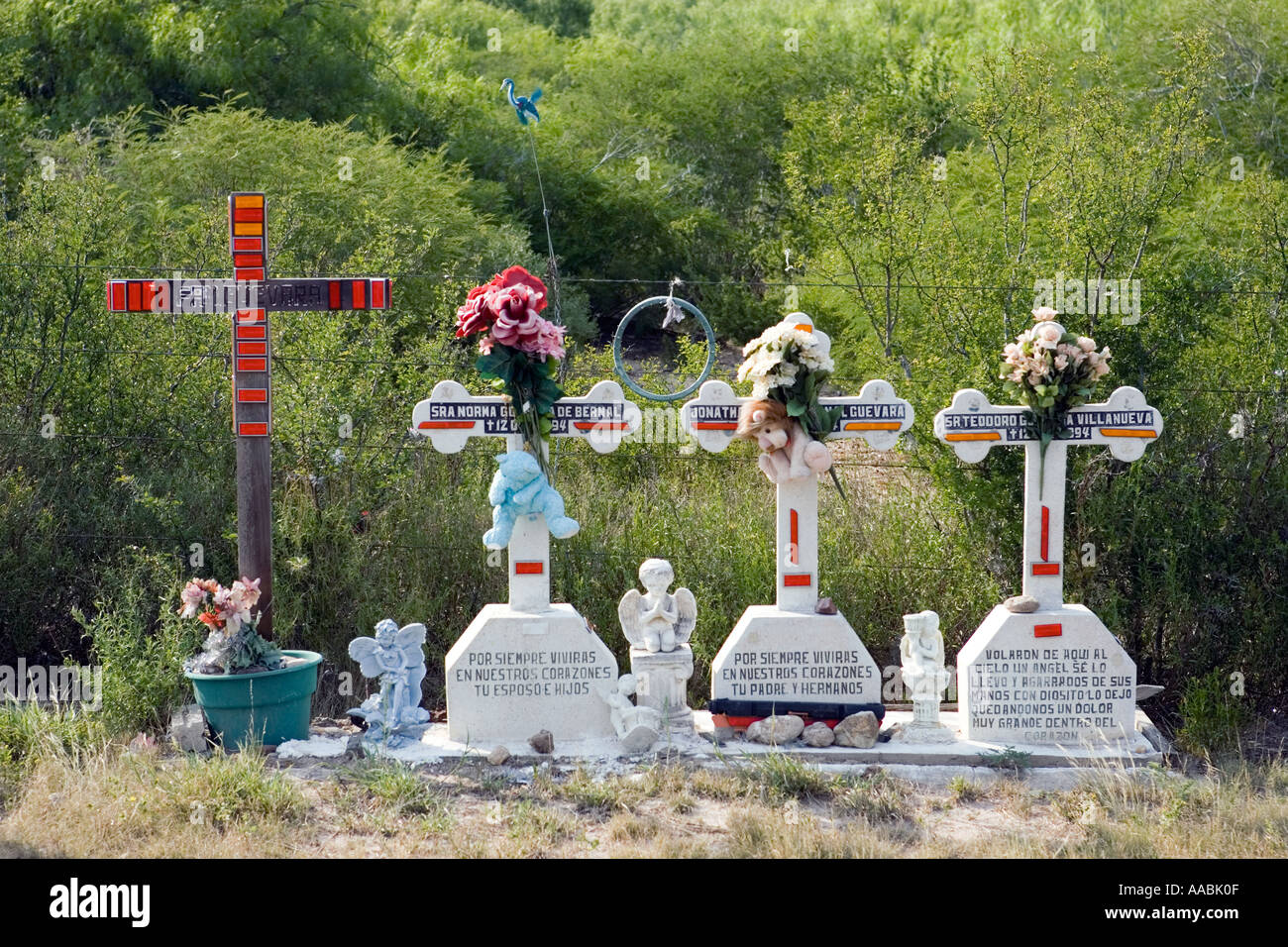 Side road memorial for the victims of a car crash near Laredo Texas ...