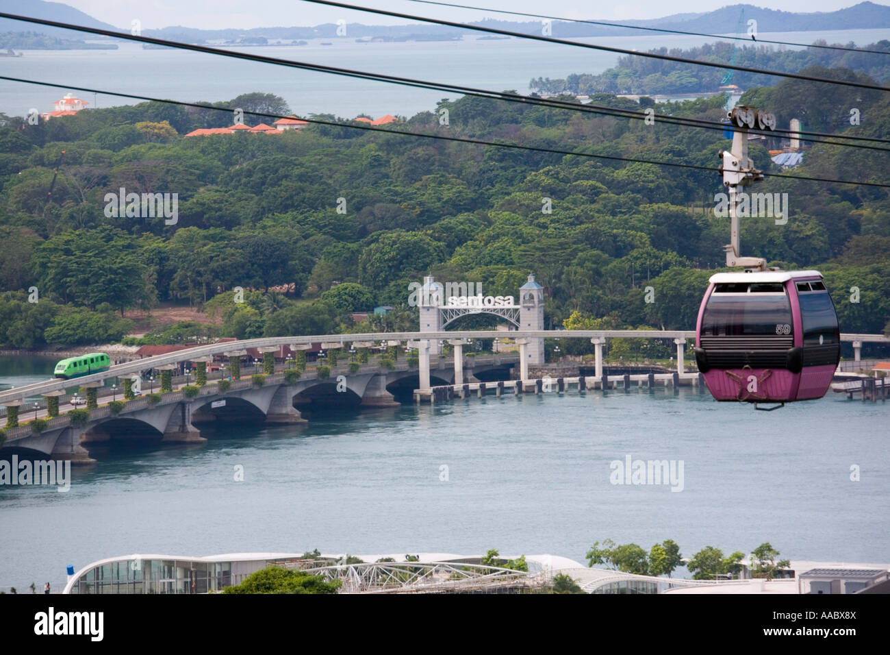 Sentosa island "cable car" and bridge across Keppel Channel from Mount ...