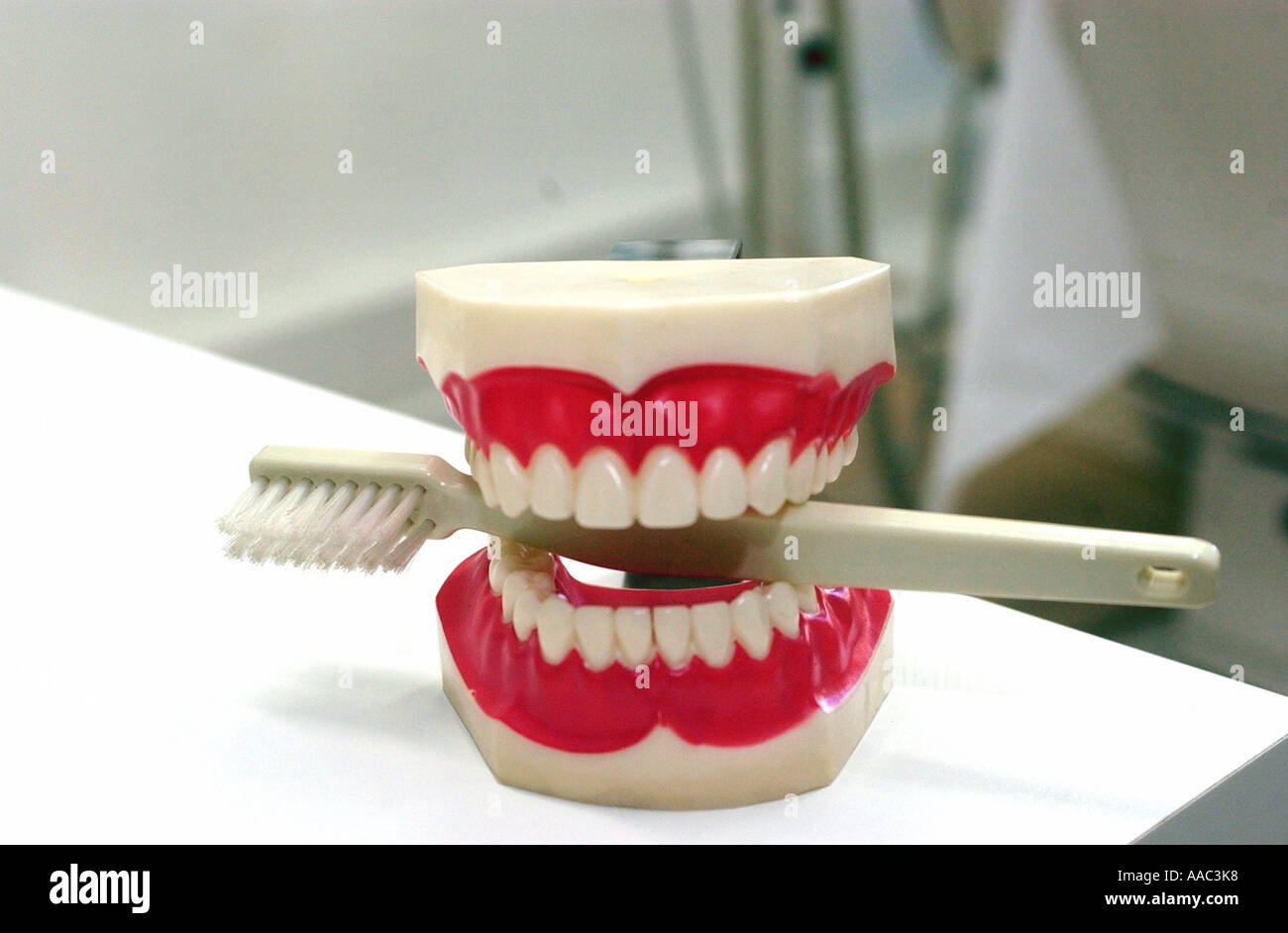 Dentures with toothbrush Stock Photo - Alamy