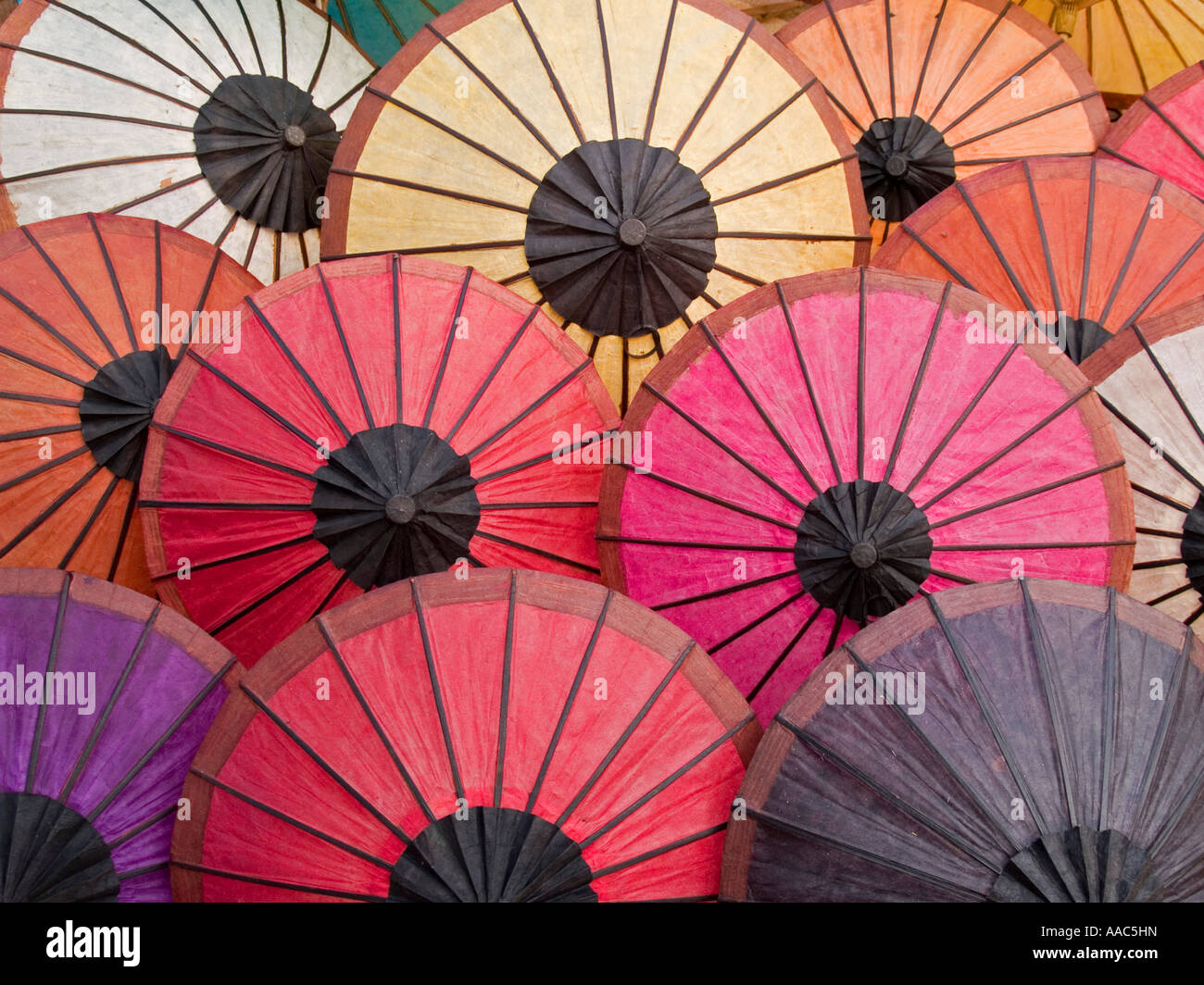 rows of colored parasols in the markets of Luang Prabang Laos Stock ...