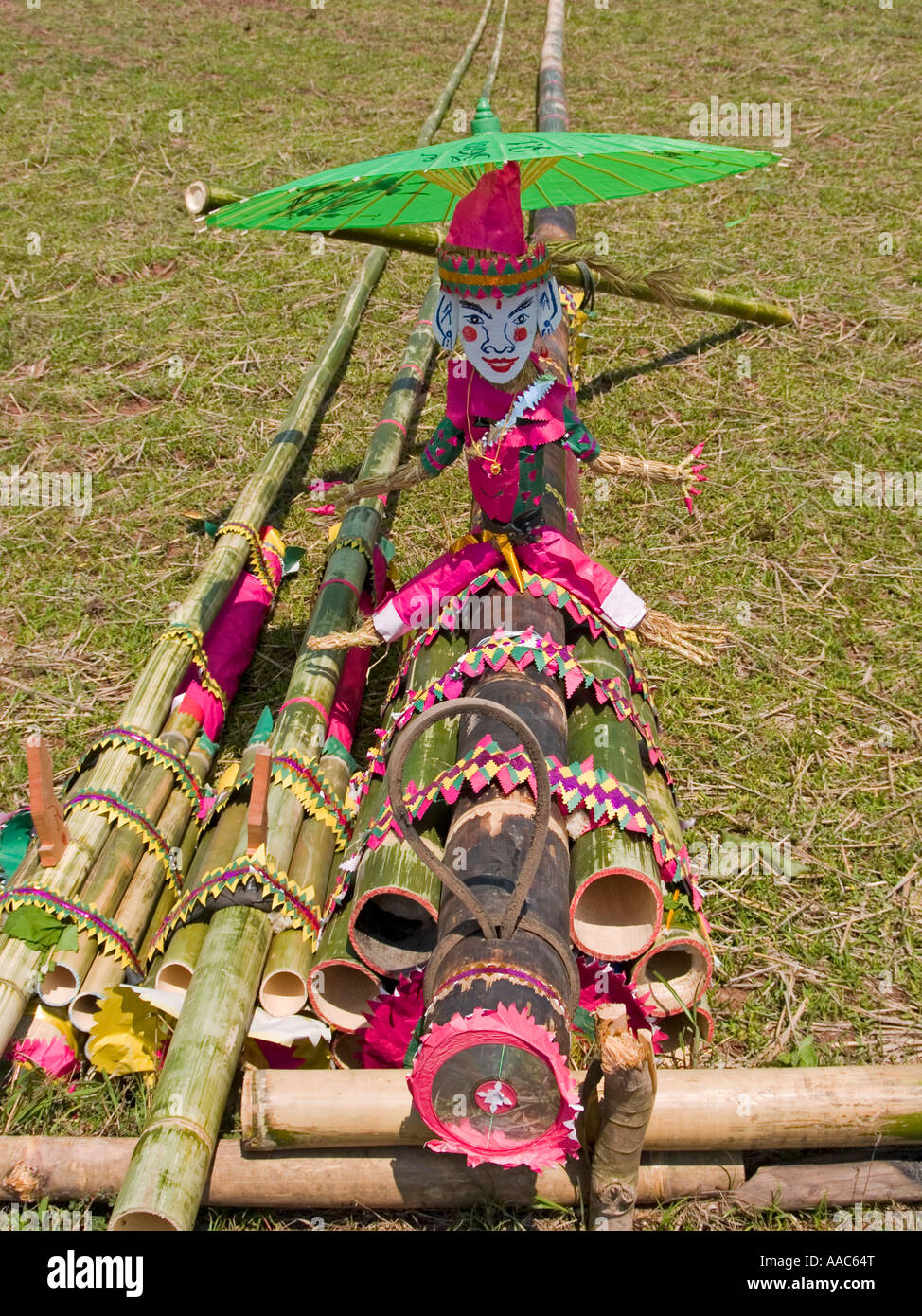 colorful bamboo rocket ready to be launched at the Bun Bang Fai Rocket ...