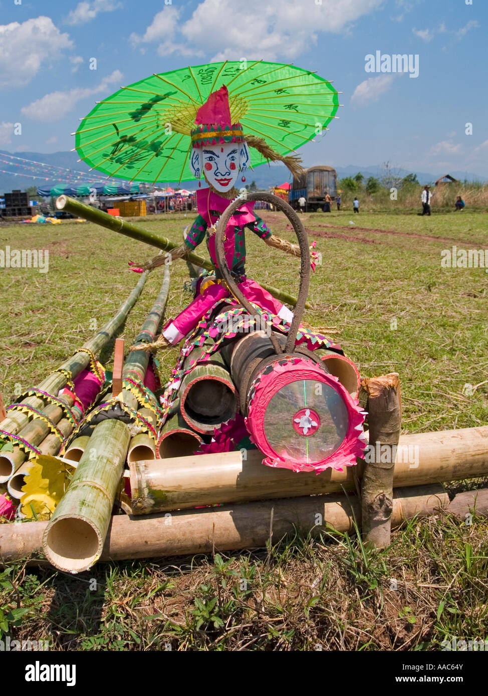 colorful bamboo rocket ready to be launched at the Bun Bang Fai Rocket ...