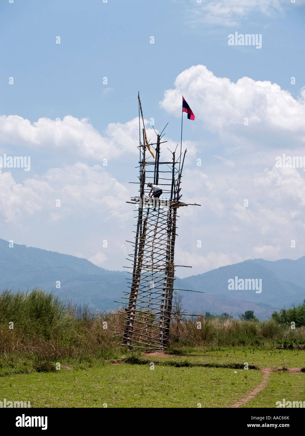 bamboo launch tower readied for rocket launching at the Bun Bang Fai ...