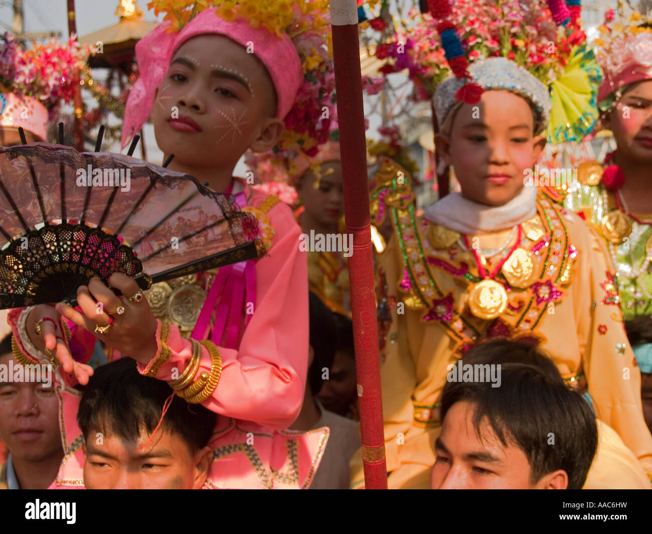 novice monks being paraded through town Poi Sang Long Festival Thailand ...