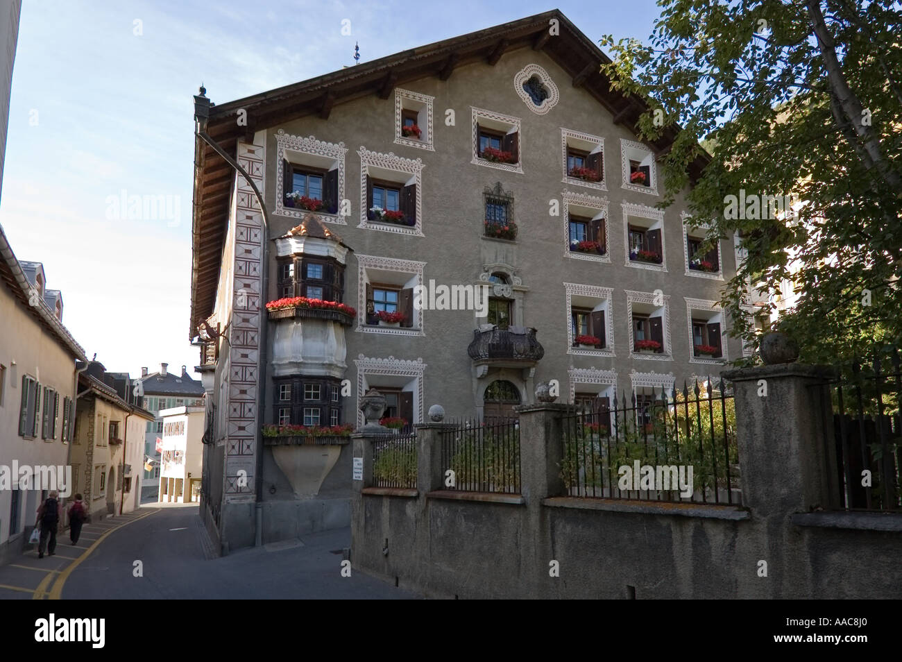 Pontresina in Engadin, Switzerland. An old traditional house in the ...