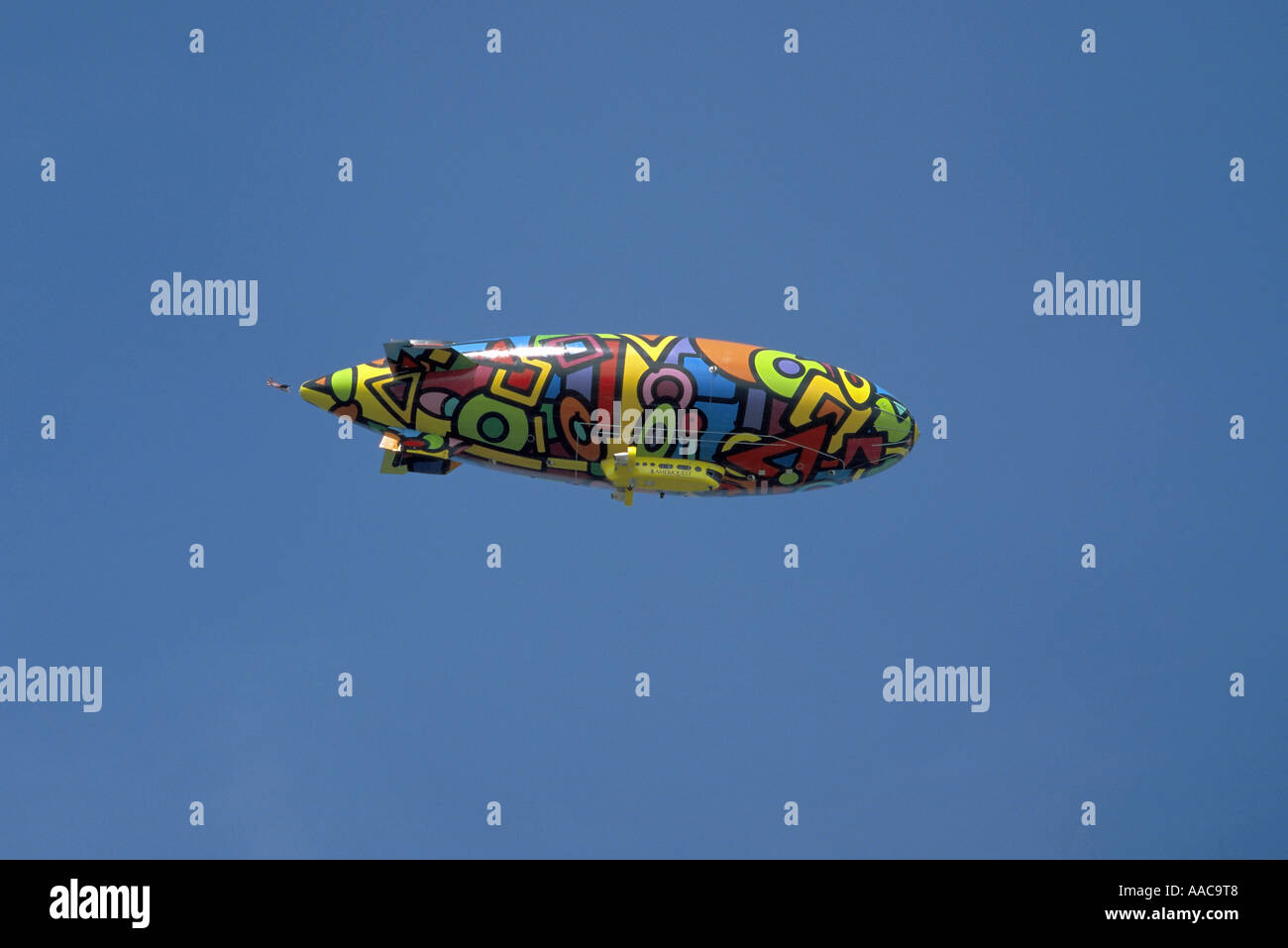 Strikingly decorated blimp or dirigible hovers over Hollywood during ...
