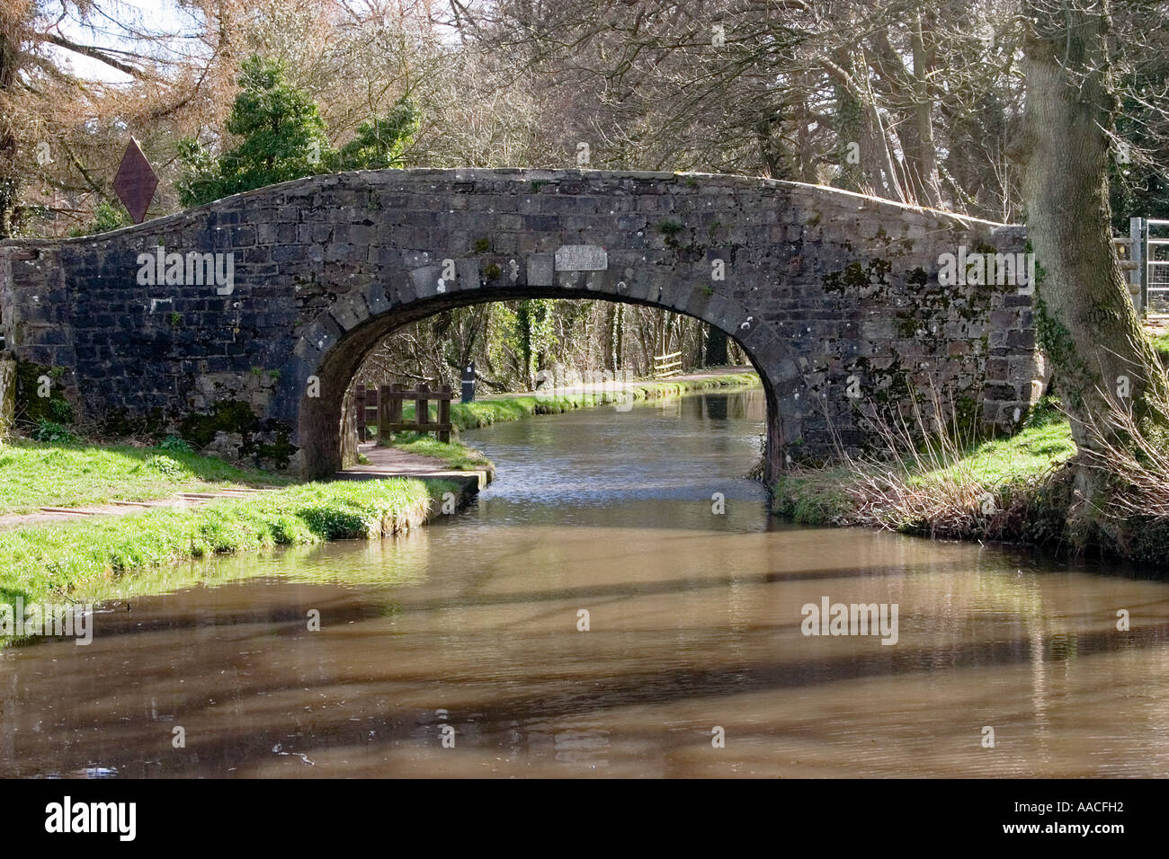 Warning sign on bridge approaching moorings on Brecon Monmouth canal ...