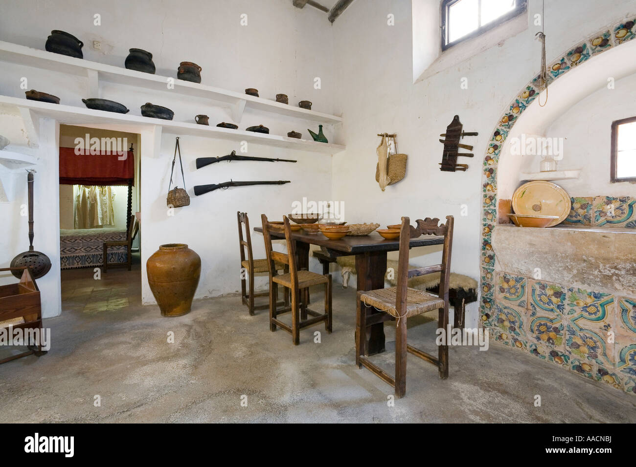 An old kitchen, ethnologic museum, Muro, Majorca, Balearics, Spain ...