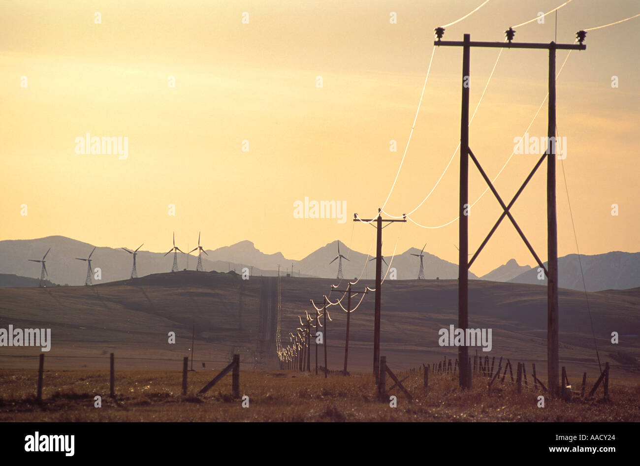 Power lines and wind farm Cowley Alberta Canada Stock Photo - Alamy