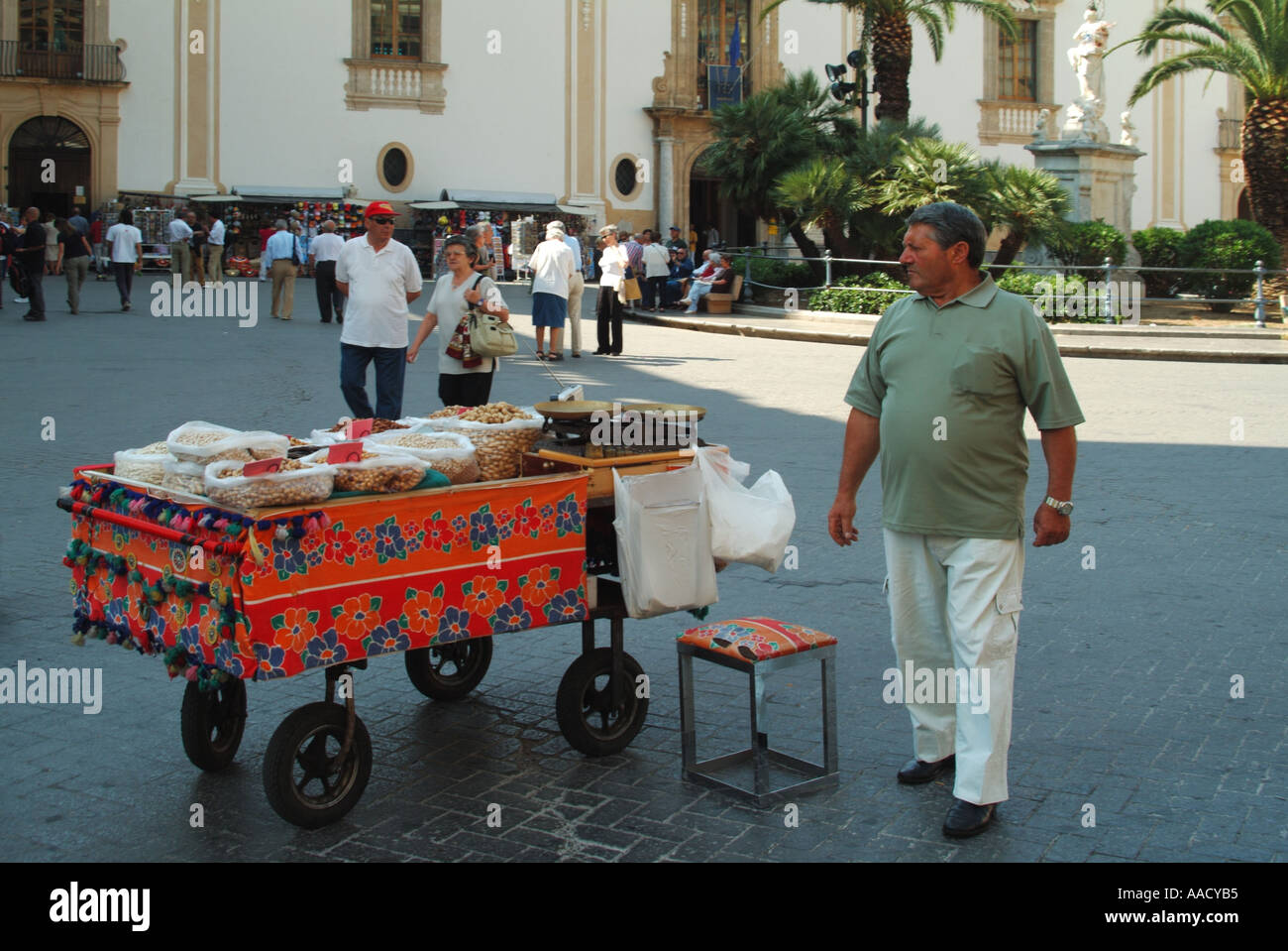 Monreale Sicily local trader selling nuts from wheeled stall in the ...