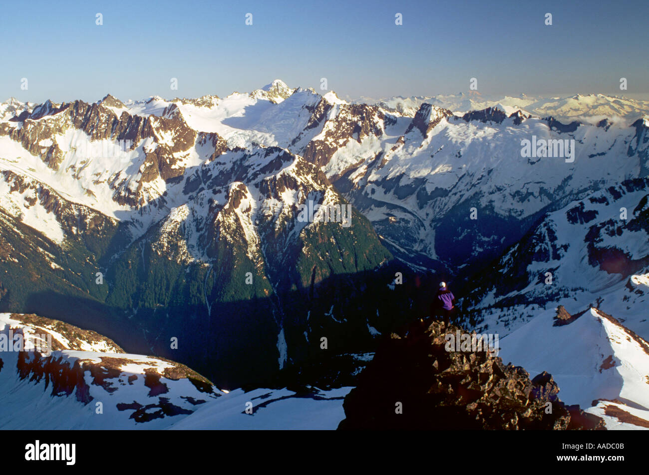 A climber enjoys the view of a sea of peaks in the North Cascades Stock ...