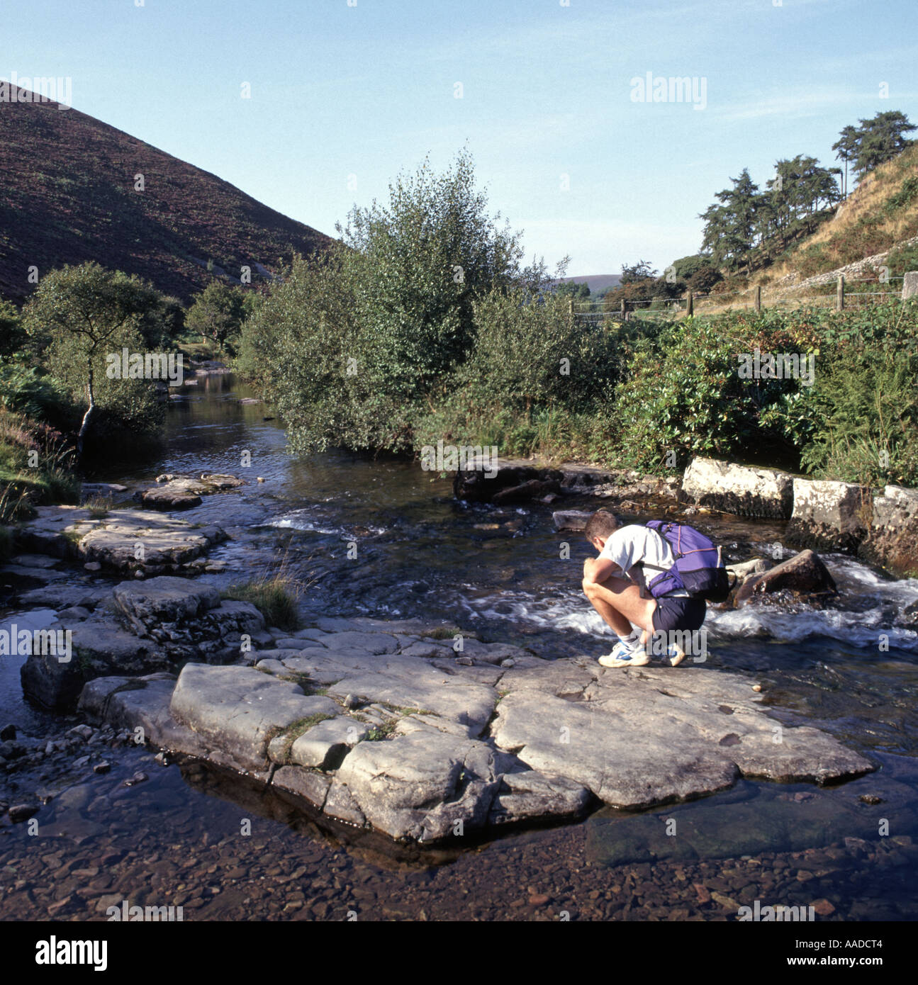 Tranquil scenery of Doone Valley landscape walker on rocks viewing fish ...