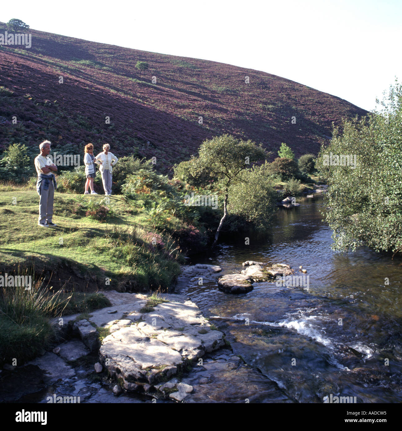 Walking on footpath in tranquil scenery of Doone Valley landscape ...